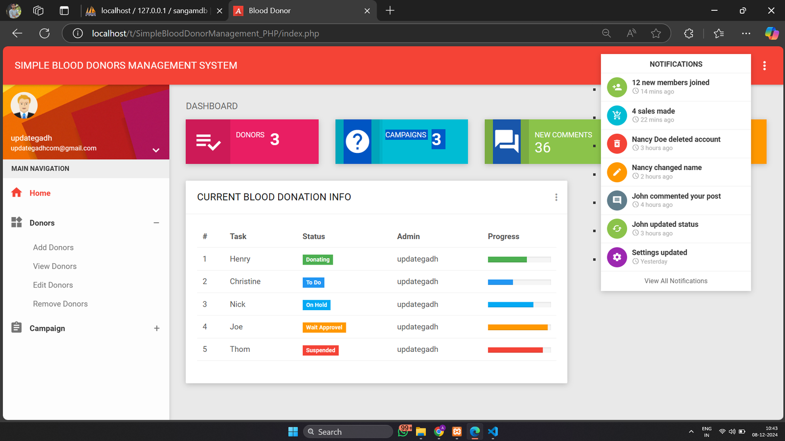 Blood Donor Management System in PHP with Source Code