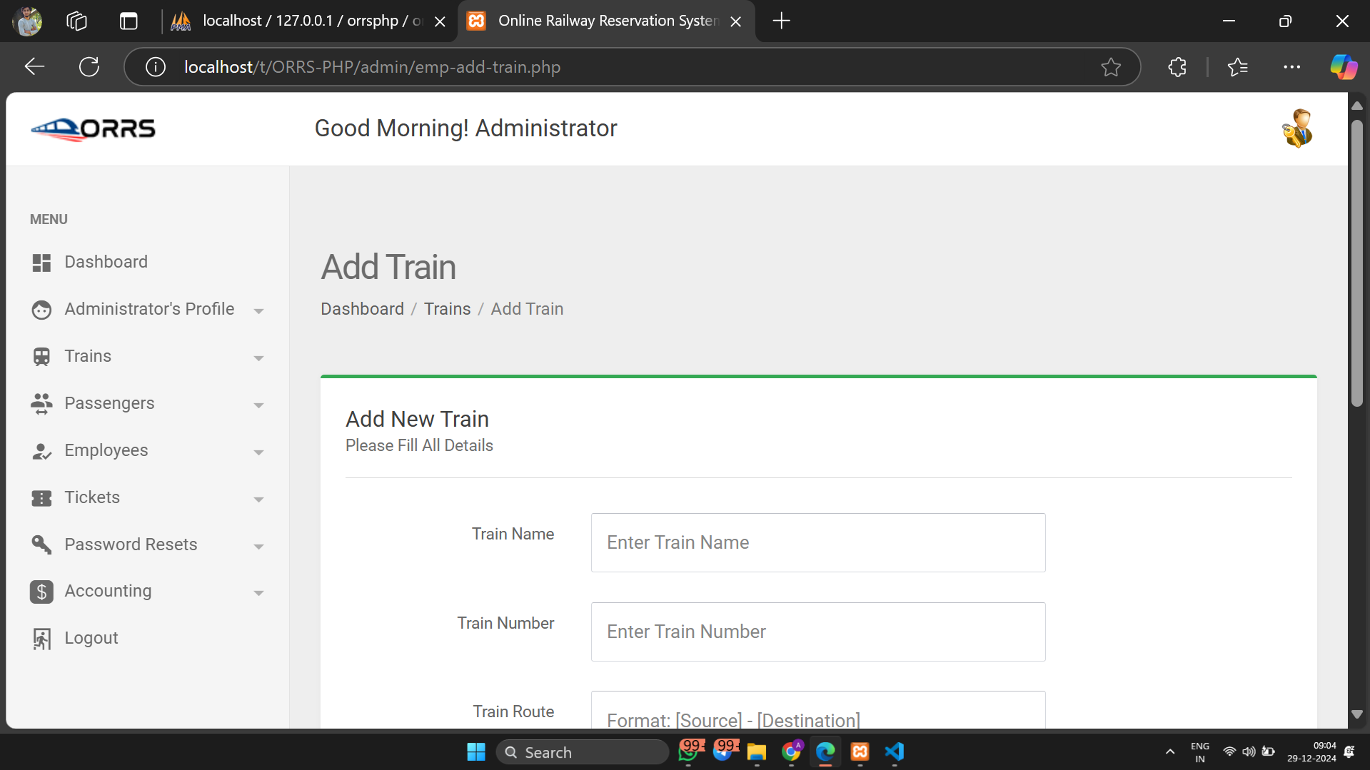 Online Railway Reservation System in PHP